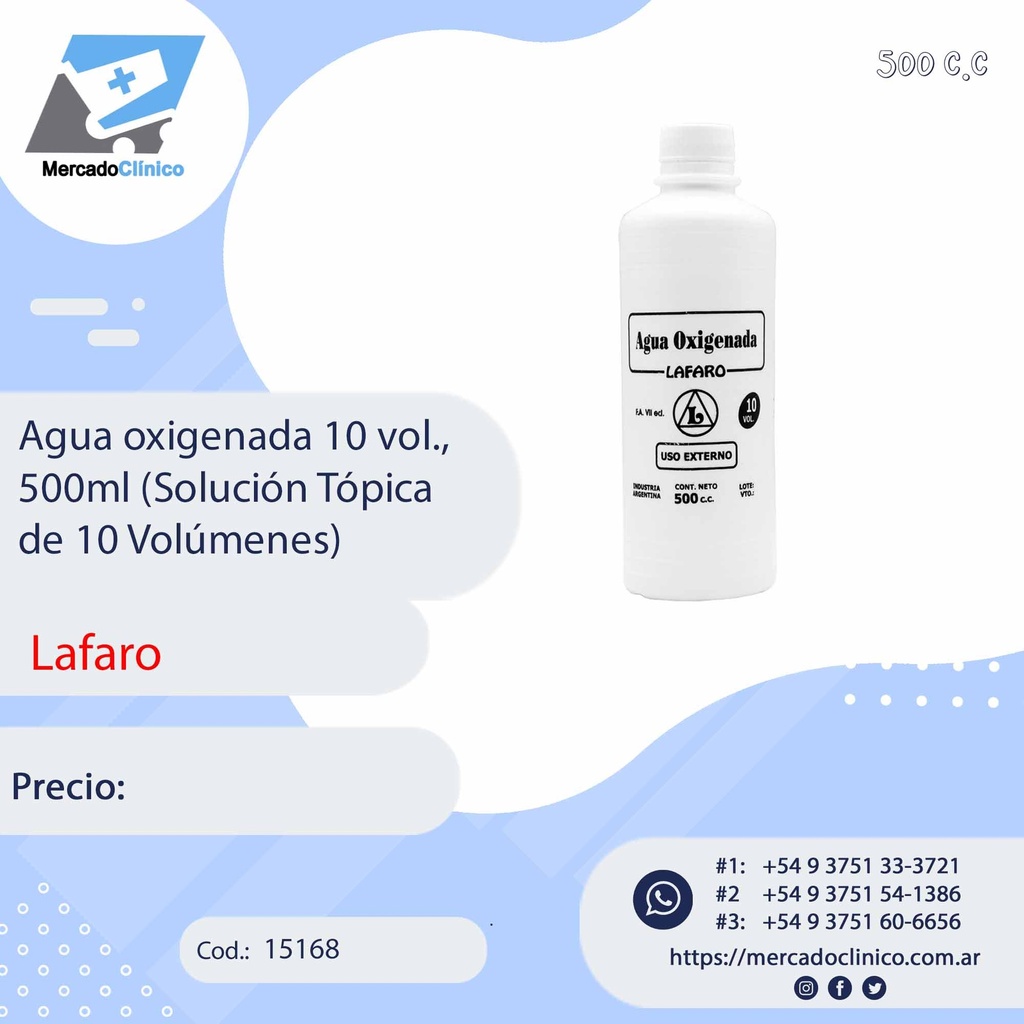 Agua oxigenada 10 vol., 500ml (Solución Tópica de 10 Volúmenes ...